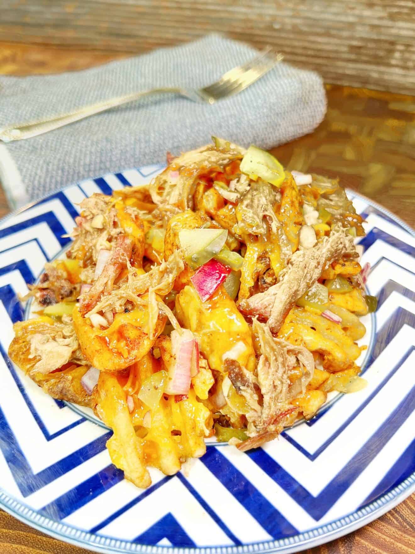 Pulled Pork Loaded Fries with BBQ Sauce & Pickles